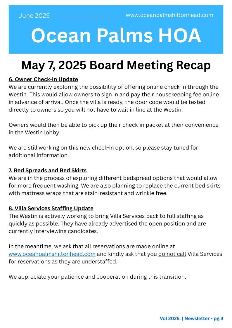 Ocean Palms 2025 Summer Newsletter